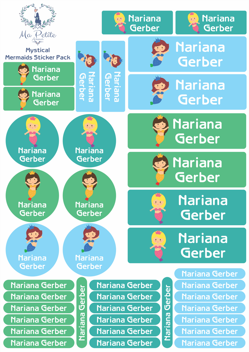 School labels : Mermaid theme (water tones) – Ma Petite