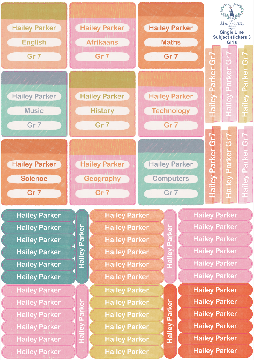 School labels : Single Line - Subject labels (Girl Tones) – Ma Petite